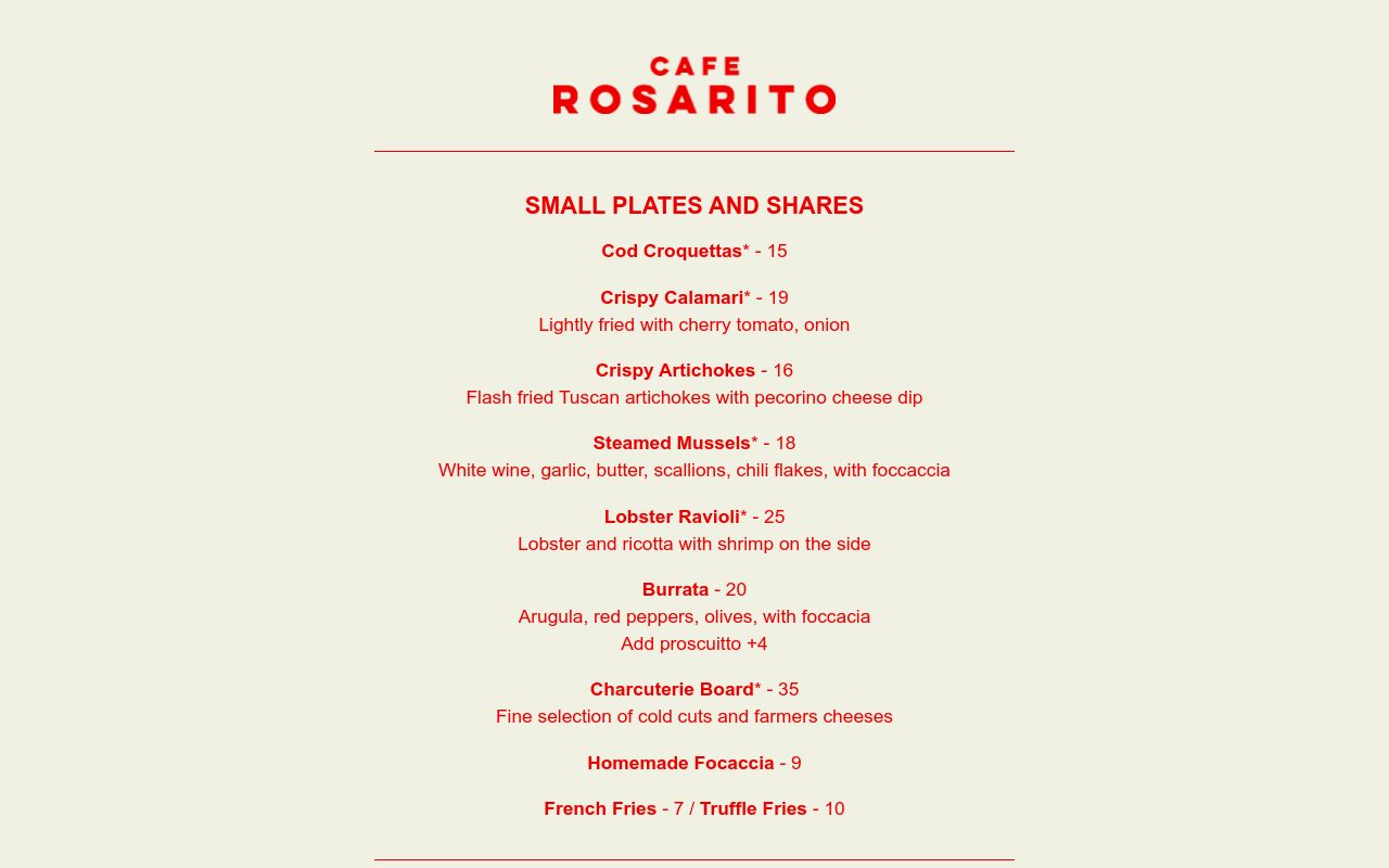 Cafe Rosarito Menu